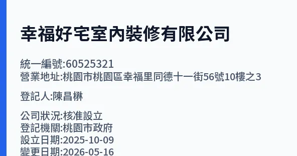 幸福好宅室內裝修有限公司的照片-統編 60525321(桃園市) 公司登記資料與營業項目詳細圖表