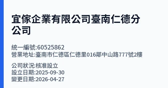 宜傢企業有限公司臺南仁德分公司的照片-統編 60525862(臺南市) 公司登記資料與營業項目詳細圖表