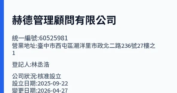 赫德管理顧問有限公司的照片-統編 60525981(臺中市) 公司登記資料與營業項目詳細圖表