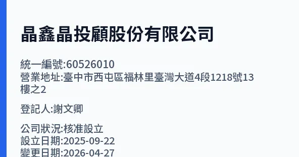 晶鑫晶投顧股份有限公司的照片-統編 60526010(臺中市) 公司登記資料與營業項目詳細圖表