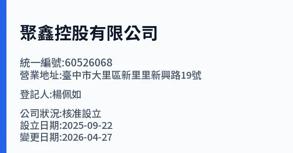 聚鑫控股有限公司的照片-統編 60526068(臺中市) 公司登記資料與營業項目詳細圖表