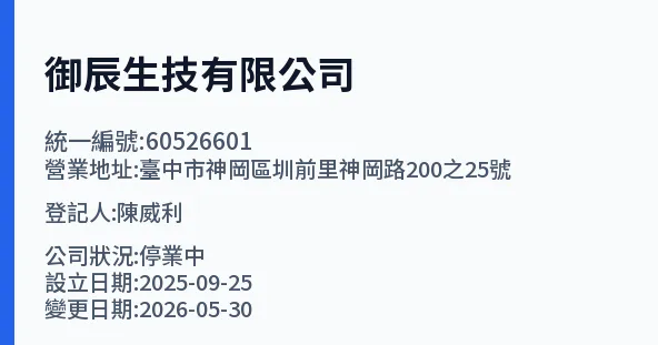 御辰生技有限公司的照片-統編 60526601(臺中市) 公司登記資料與營業項目詳細圖表