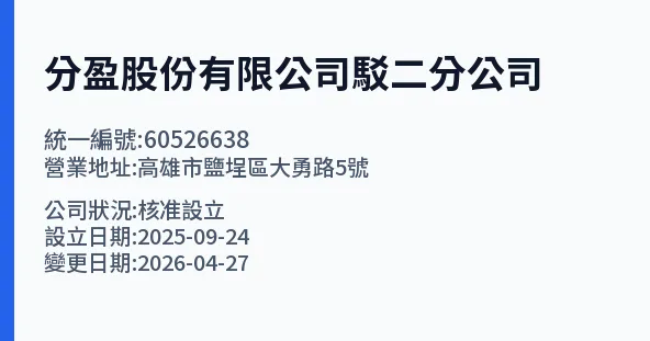 分盈股份有限公司駁二分公司的照片-統編 60526638(高雄市) 公司登記資料與營業項目詳細圖表