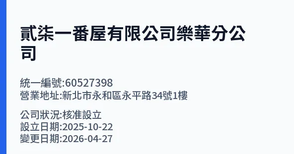 貳柒一番屋有限公司樂華分公司的照片-統編 60527398(新北市) 公司登記資料與營業項目詳細圖表