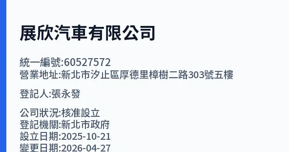 展欣汽車有限公司的照片-統編 60527572(新北市) 公司登記資料與營業項目詳細圖表