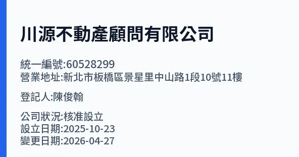 川源不動產顧問有限公司的照片-統編 60528299(新北市) 公司登記資料與營業項目詳細圖表