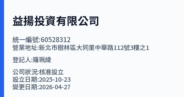 益揚投資有限公司的照片-統編 60528312(新北市) 公司登記資料與營業項目詳細圖表