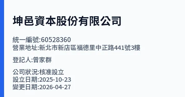 坤邑資本股份有限公司的照片-統編 60528360(新北市) 公司登記資料與營業項目詳細圖表