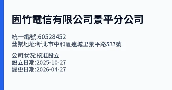 囿竹電信有限公司景平分公司的照片-統編 60528452(新北市) 公司登記資料與營業項目詳細圖表