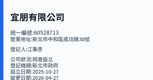 宜朋有限公司的照片-統編 60528713(新北市) 公司登記資料與營業項目詳細圖表