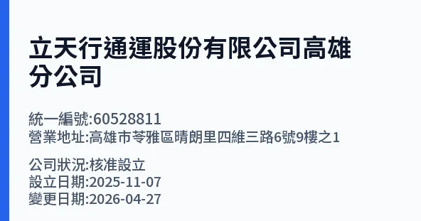 立天行通運股份有限公司高雄分公司的照片-統編 60528811(高雄市) 公司登記資料與營業項目詳細圖表