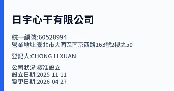 日宇心干有限公司的照片-統編 60528994(臺北市) 公司登記資料與營業項目詳細圖表