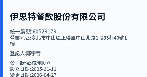 伊思特餐飲股份有限公司的照片-統編 60529179(臺北市) 公司登記資料與營業項目詳細圖表