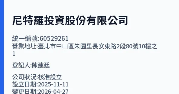 尼特羅投資股份有限公司的照片-統編 60529261(臺北市) 公司登記資料與營業項目詳細圖表