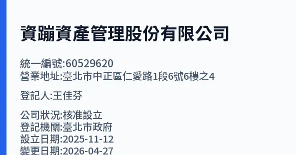 資蹦資產管理股份有限公司的照片-統編 60529620(臺北市) 公司登記資料與營業項目詳細圖表