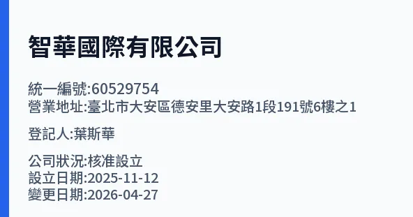 智華國際有限公司的照片-統編 60529754(臺北市) 公司登記資料與營業項目詳細圖表