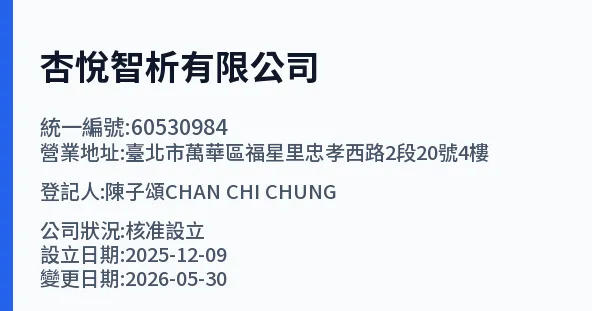 杏悅智析有限公司的照片-統編 60530984(臺北市) 公司登記資料與營業項目詳細圖表