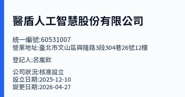 醫盾人工智慧股份有限公司的照片-統編 60531007(臺北市) 公司登記資料與營業項目詳細圖表
