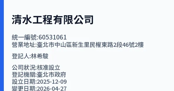 清水工程有限公司的照片-統編 60531061(臺北市) 公司登記資料與營業項目詳細圖表