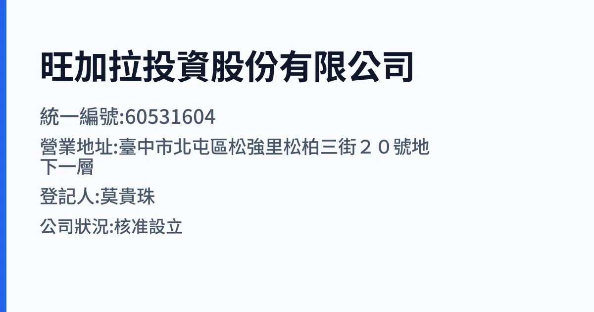 旺加拉投資股份有限公司 - 統編 60531604(臺中市) 公司登記資料與營業項目詳細圖表