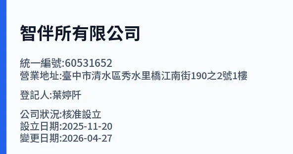 智伴所有限公司的照片-統編 60531652(臺中市) 公司登記資料與營業項目詳細圖表