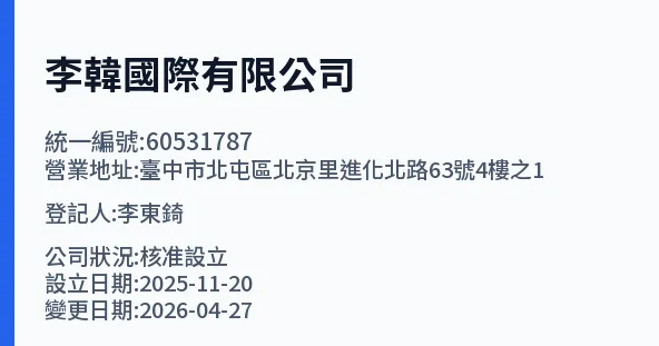 李韓國際有限公司的照片-統編 60531787(臺中市) 公司登記資料與營業項目詳細圖表