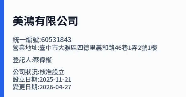美鴻有限公司的照片-統編 60531843(臺中市) 公司登記資料與營業項目詳細圖表