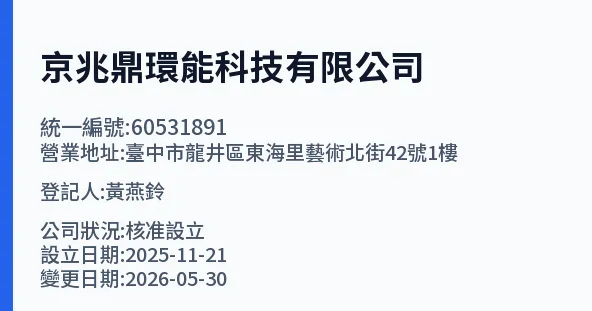 京兆鼎環能科技有限公司的照片-統編 60531891(臺中市) 公司登記資料與營業項目詳細圖表