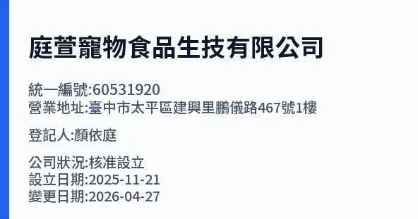 庭萱寵物食品生技有限公司的照片-統編 60531920(臺中市) 公司登記資料與營業項目詳細圖表