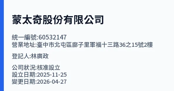 蒙太奇股份有限公司的照片-統編 60532147(臺中市) 公司登記資料與營業項目詳細圖表