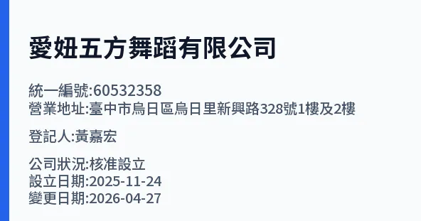 愛妞五方舞蹈有限公司的照片-統編 60532358(臺中市) 公司登記資料與營業項目詳細圖表