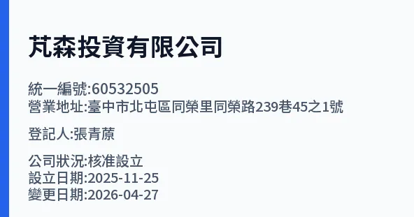芃森投資有限公司的照片-統編 60532505(臺中市) 公司登記資料與營業項目詳細圖表