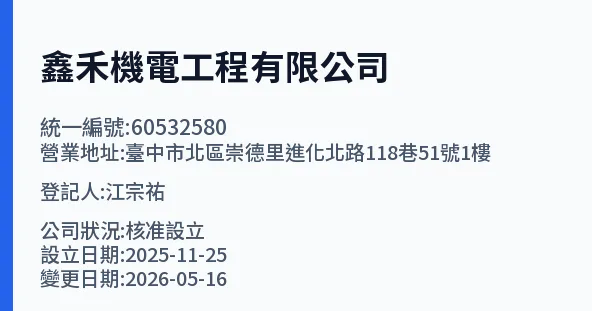 鑫禾機電工程有限公司的照片-統編 60532580(臺中市) 公司登記資料與營業項目詳細圖表