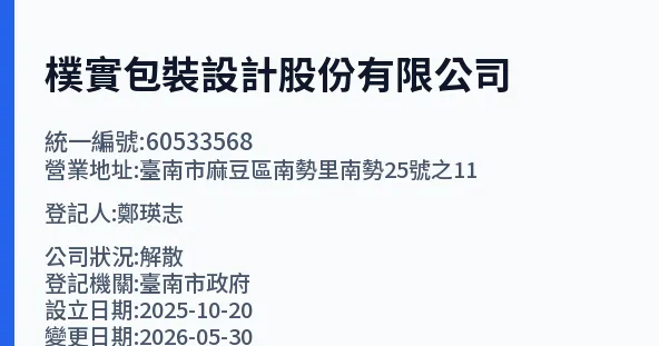 樸實包裝設計股份有限公司的照片-統編 60533568(臺南市) 公司登記資料與營業項目詳細圖表