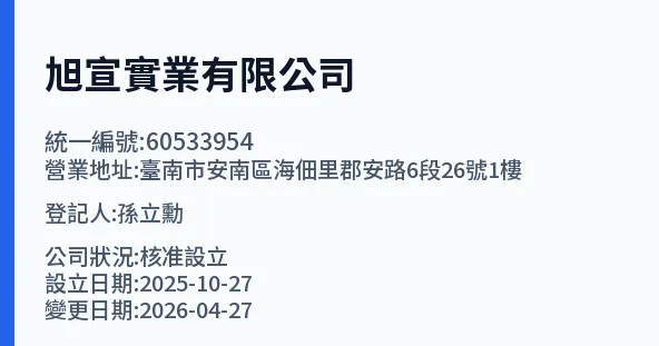 旭宣實業有限公司的照片-統編 60533954(臺南市) 公司登記資料與營業項目詳細圖表
