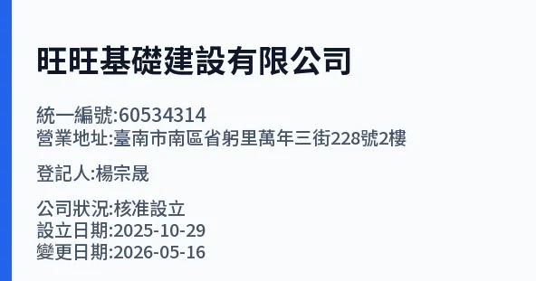 旺旺基礎建設有限公司的照片-統編 60534314(臺南市) 公司登記資料與營業項目詳細圖表