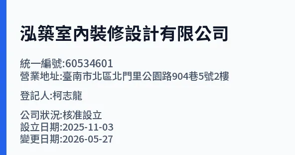 泓築室內裝修設計有限公司的照片-統編 60534601(臺南市) 公司登記資料與營業項目詳細圖表