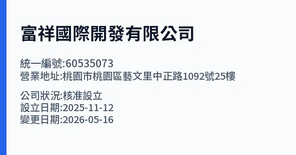 富祥國際開發有限公司的照片-統編 60535073(桃園市) 公司登記資料與營業項目詳細圖表