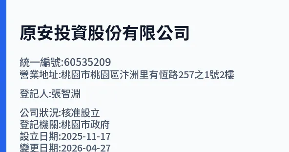 原安投資股份有限公司的照片-統編 60535209(桃園市) 公司登記資料與營業項目詳細圖表