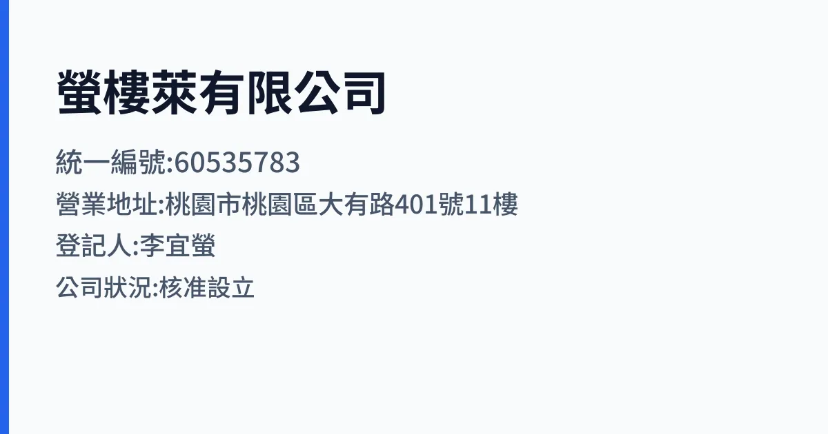 螢樓萊有限公司 - 統編 60535783(桃園市) 公司登記資料與營業項目詳細圖表