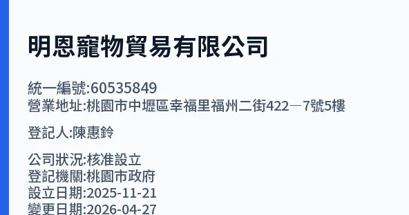 明恩寵物貿易有限公司的照片-統編 60535849(桃園市) 公司登記資料與營業項目詳細圖表