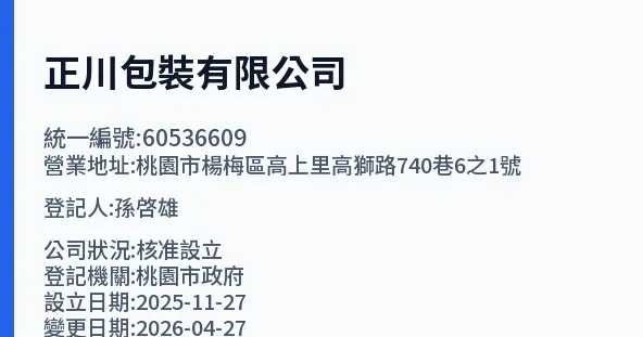 正川包裝有限公司的照片-統編 60536609(桃園市) 公司登記資料與營業項目詳細圖表