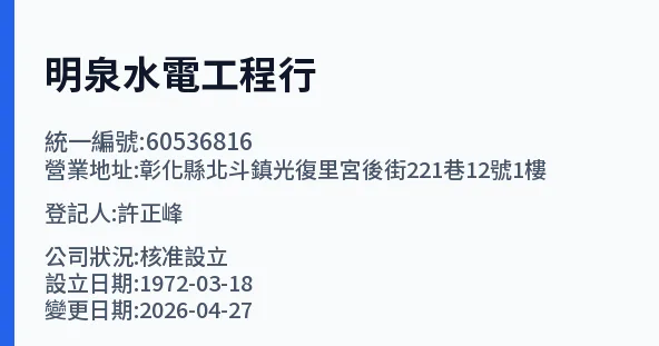 明泉水電工程行的照片-統編 60536816(彰化縣) 公司登記資料與營業項目詳細圖表