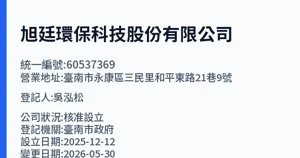 旭廷環保科技股份有限公司的照片-統編 60537369(臺南市) 公司登記資料與營業項目詳細圖表