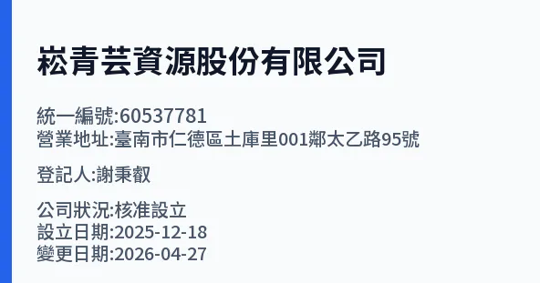 崧青芸資源股份有限公司的照片-統編 60537781(臺南市) 公司登記資料與營業項目詳細圖表