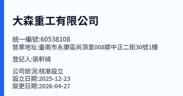 大森重工有限公司的照片-統編 60538108(臺南市) 公司登記資料與營業項目詳細圖表
