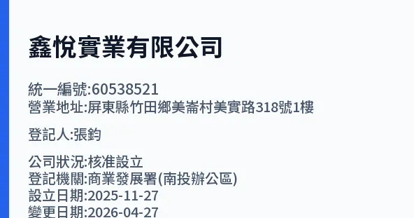 鑫悅實業有限公司的照片-統編 60538521(屏東縣) 公司登記資料與營業項目詳細圖表