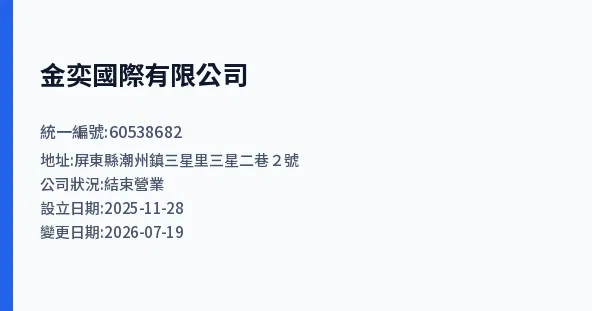 金奕國際有限公司的照片-統編 60538682 公司登記資料與營業項目詳細圖表