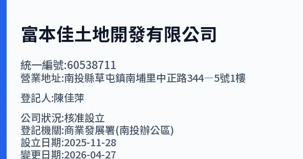 富本佳土地開發有限公司的照片-統編 60538711(南投縣) 公司登記資料與營業項目詳細圖表