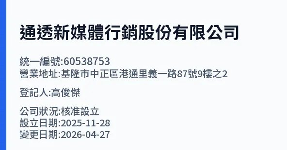 通透新媒體行銷股份有限公司的照片-統編 60538753(基隆市) 公司登記資料與營業項目詳細圖表